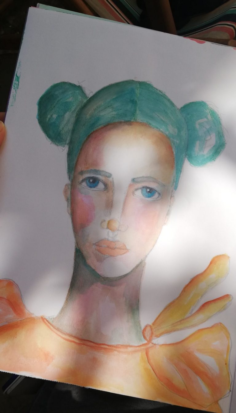 Whimsical face with an elongated face and neck – Mixed Media & Art ...
